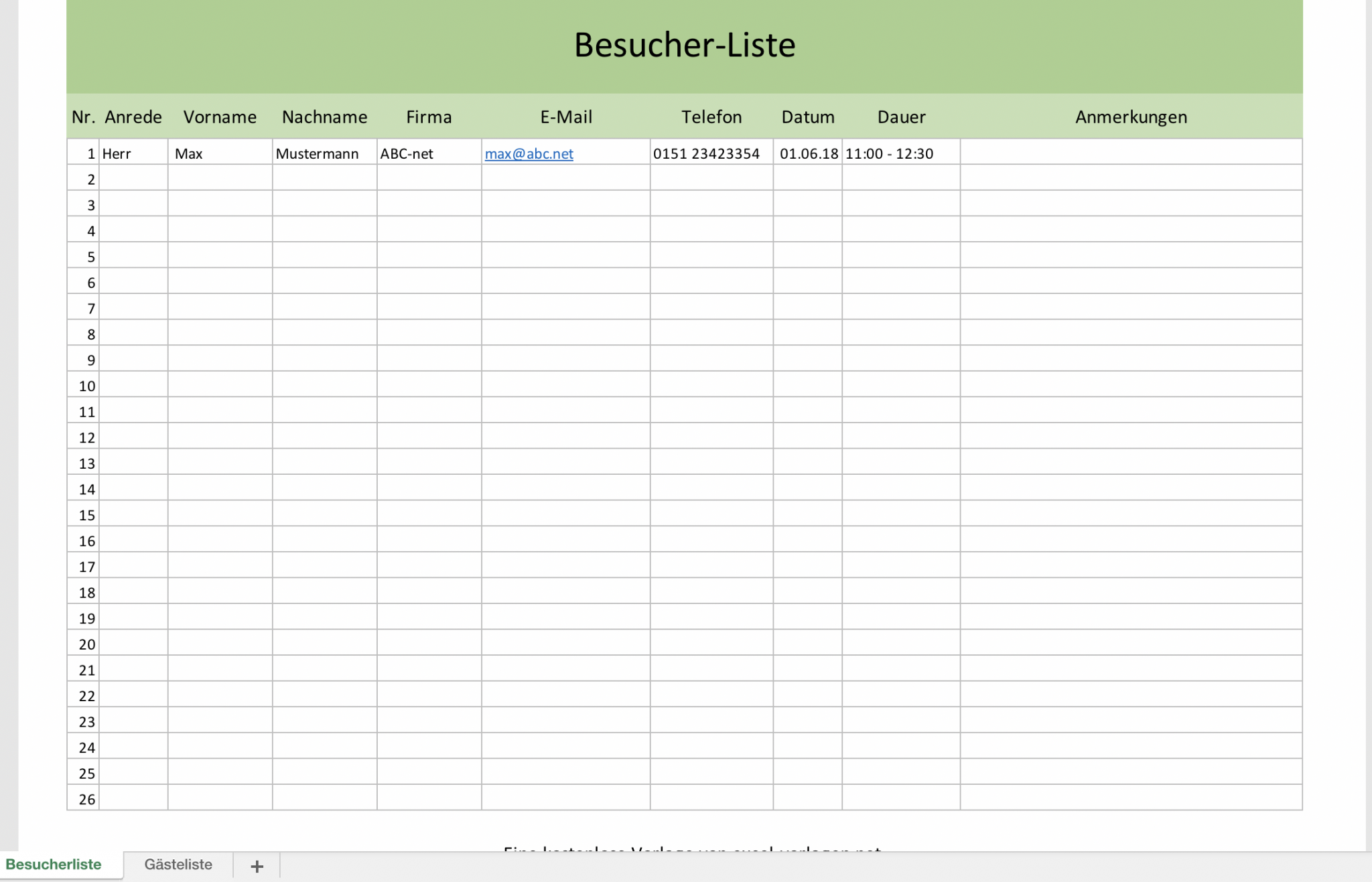 Besucher und Gästeliste für Excel
