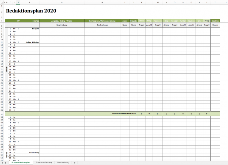 Kostenloser Redaktionsplan für 2020