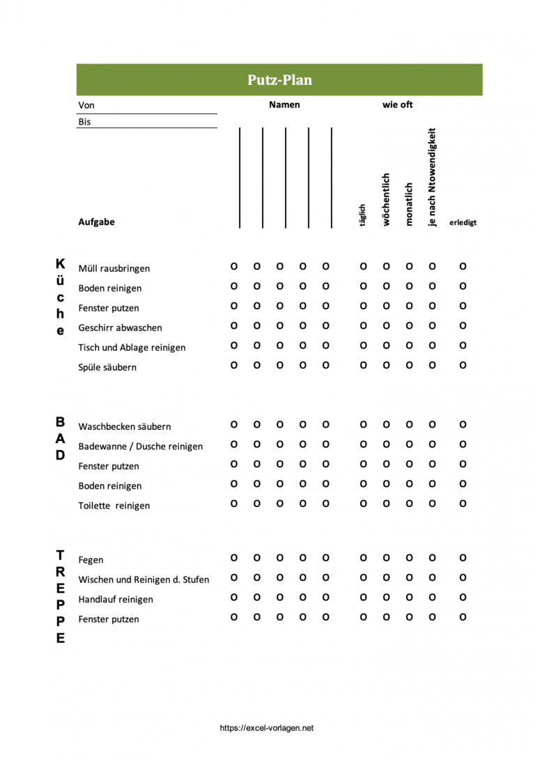 Putzpläne für Büro, Haushalt, WG, Alltag, Gastro usw.