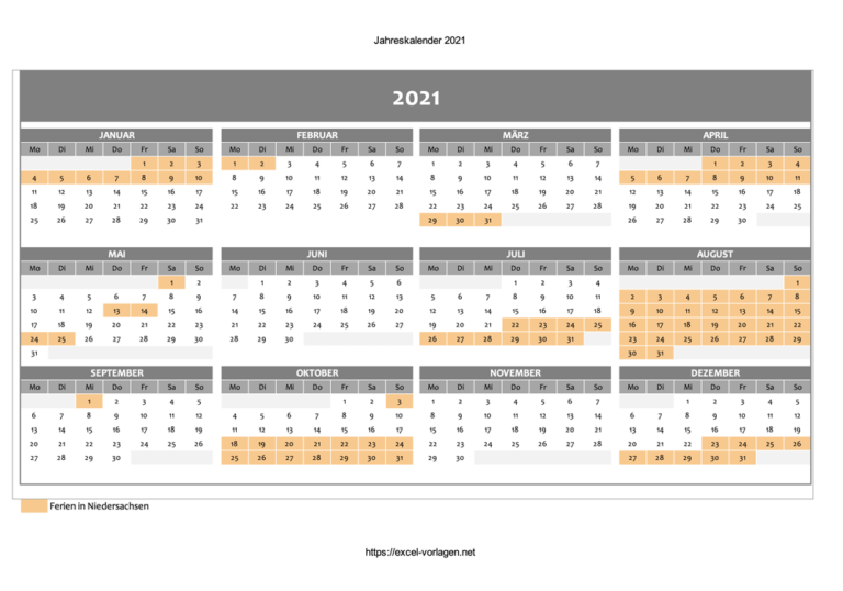 Excel Jahreskalender 2021