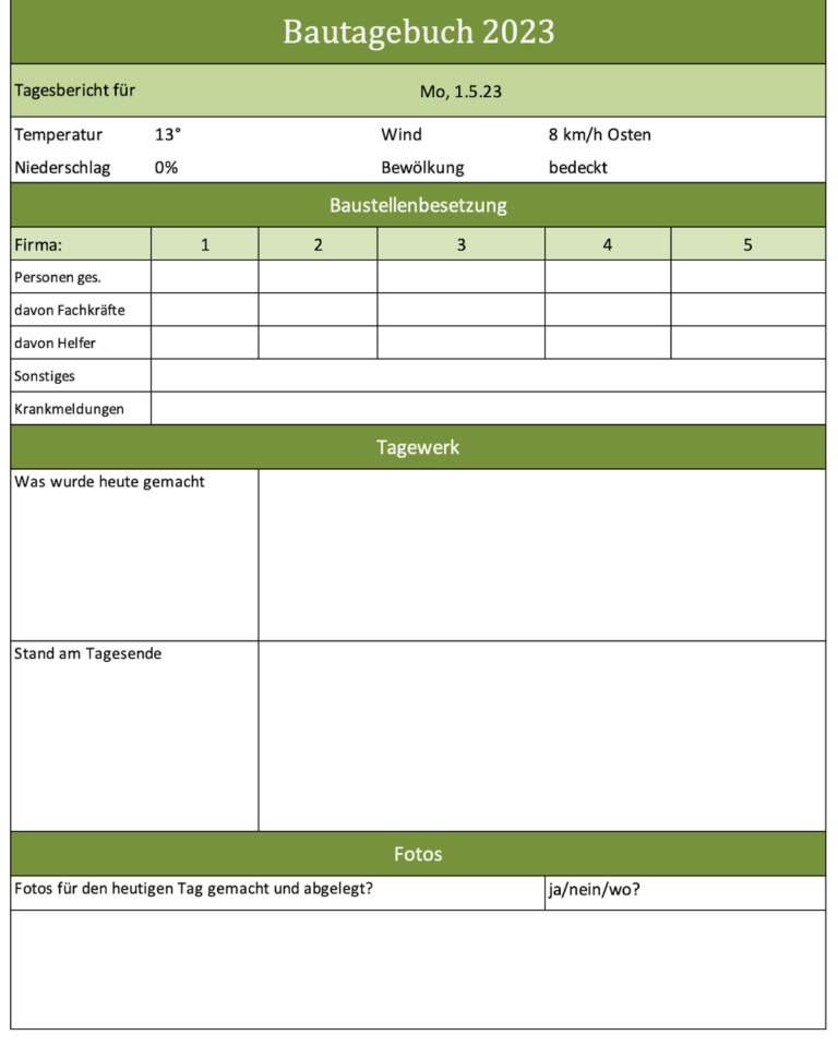 Excel Vorlage für ein Bautagebuch Excel Vorlage für ein Bautagebuch