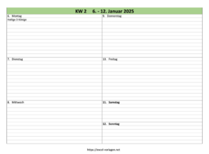 Wochen-Kalender für 2025 als Excelvorlage